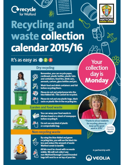 New waste and recycling collection calendar for Watford 2015/16